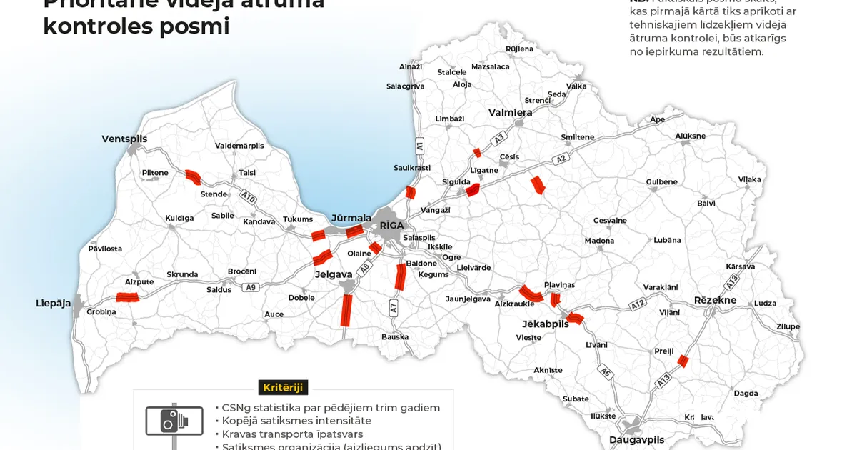 Nosaukti ceļu posmi, kuros varētu ieviest vidējā ātruma kontroles sistēmas
